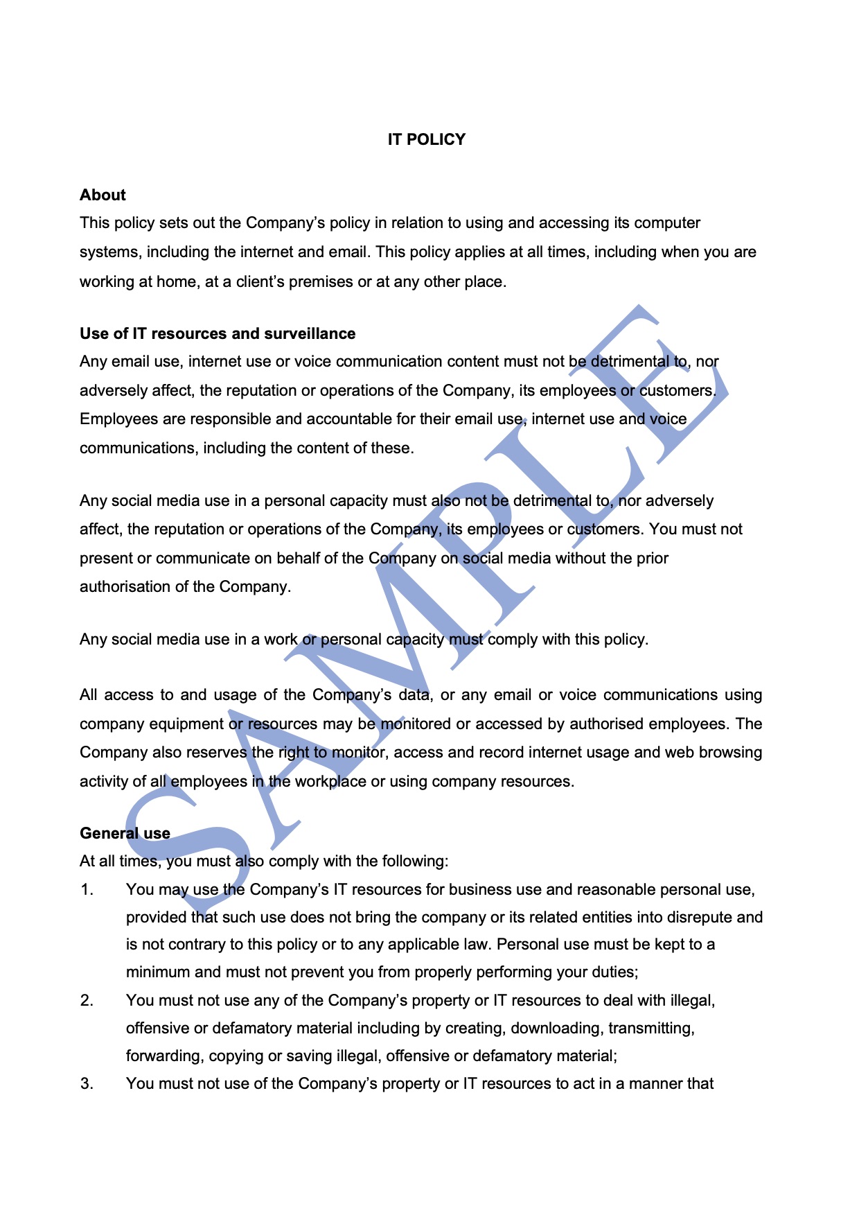 IT Policy Free Template Sample Lawpath